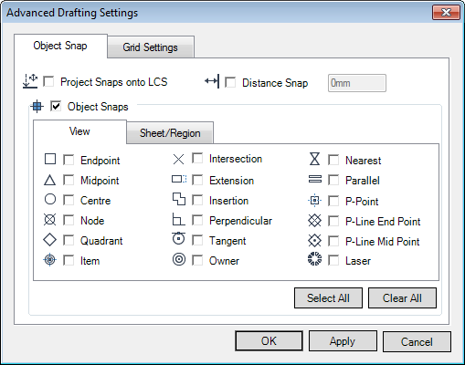 Object Selection and Snap Drafting Options