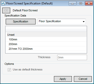 Default Wall and Floor Specifications